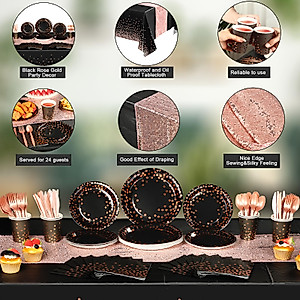 Capoda Black and Rose Gold Party Supplies Serve 24 Guest Rose Gold Dot on Black Paper Plate Napkin Cup Disposable Tablecloth Sequin Table Runner Cutlery for Wedding Bridal Shower Birthday Decorations