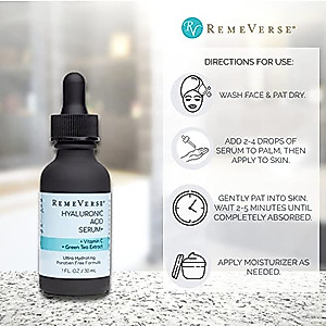 RemeVerse Hyaluronic Acid+ Serum 1 oz, 100% Pure Medical Grade Clinical Strength Hyaluronic Acid with Vitamin C and Green Tea Extract Anti-Aging Serum for Your Face, Lips and Décolleté.