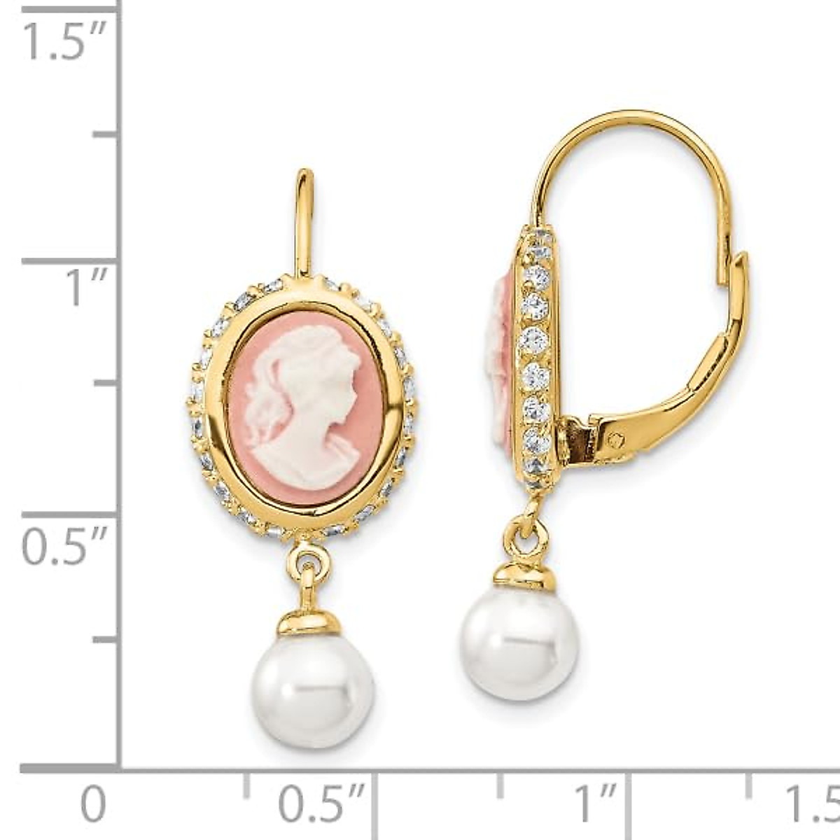 925 Sterling Silver Gold Simulated Pearl Cubic Zirconia CZ Cameo Drop Dangle Earrings