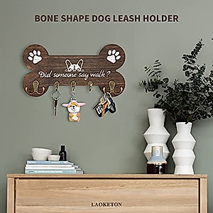 LAOKETON Bone Shape Key Holder - Dog Leash Holder with 5 Key Hooks Decorative for Wall, Cute Housewarming Gifts for Dog Owner & Lovers, 11.8'' x 5.9''(Brown)