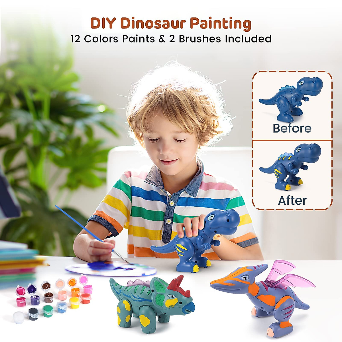 ThinkMax Magnetic Dinosaur Toys for Kids, Take Apart toys with Light, Roar Sound, Play Mat & Painting Kit, Kids Trex Christmas Birthday Gifts for Boys Girls 2 3 4 5 Year Old, Medium, Green Blue Purple