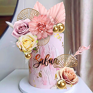 Boho Cake Topper Flower Cake Topper Pink Palm Leaves Cake Decorations with Artificial Rose Ginkgo Leaves and Balls for Wedding Baby Shower Birthday Boho Flower Themed Party Supplies (Pink)