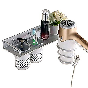 Lmeison Wall Mounted Hair Dryer, Bathroom Hair Care & Styling Tool Organizer Storage Basket, Aluminum Hanging Rack Organizer with 2 Cups for Flat Iron, Curling Wand, Hair Straighteners, Brushes