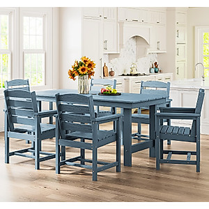 SERWALL 7-Piece Patio Dining Table Sets, Outdoor HDPE Dining Furniture Set with Umbrella Hole Cut-Out Table and 6 Chairs, Blue