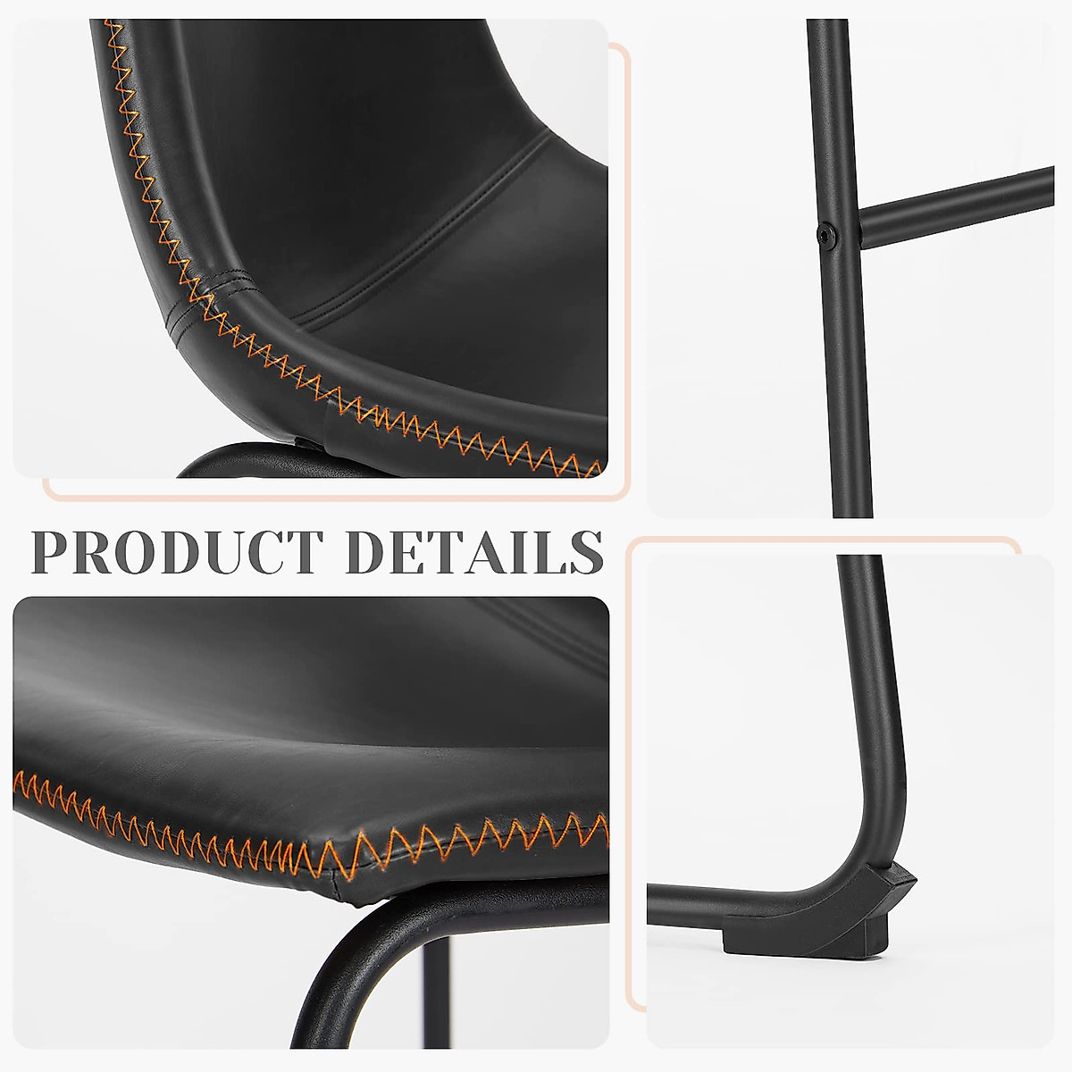 Bar Stools Set of 2, Counter Height Bar Stools with Back, 26 inch Armless Industrial Faux Leather Barstools with Metal Legs and Footrest, Modern Dining Chairs for Home Kitchen Island, Black