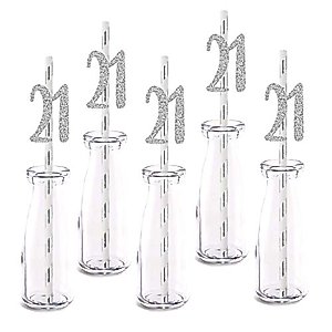 Silver Happy 21st Birthday Straw Decor, Silver Glitter 24pcs Cut-Out Number 21 Party Drinking Decorative Straws, Supplies