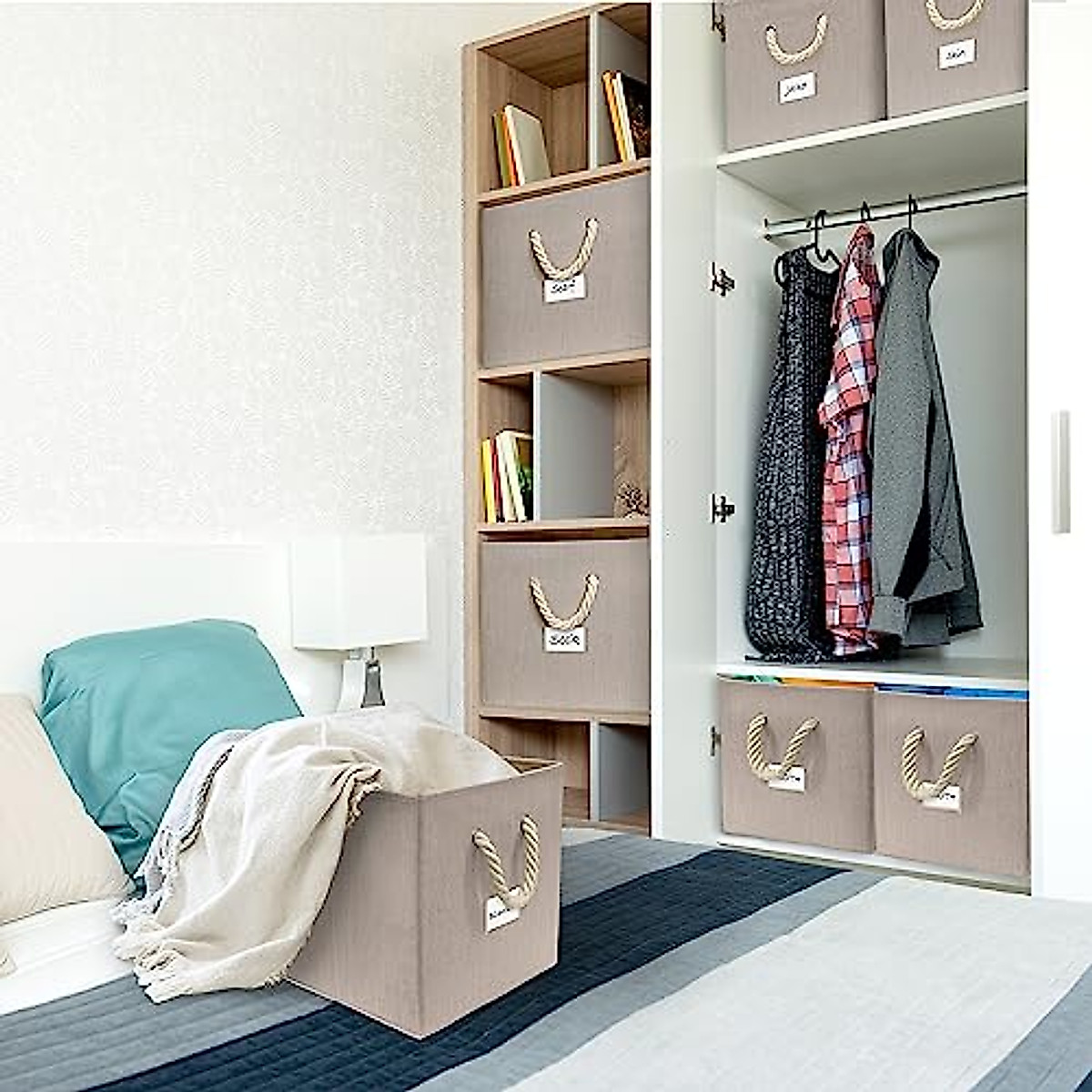 Simple Houseware 13" Cube Storage Bin With Braided Rope Handles, 3 Pack, Beige