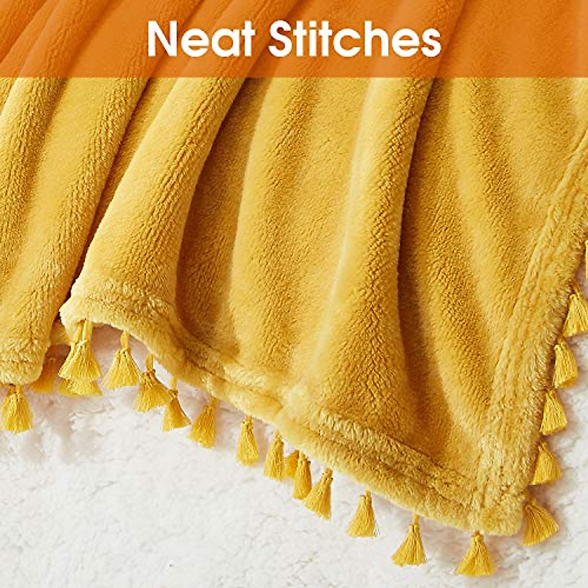 HOMEIDEAS Flannel Fleece Blanket Throw Size with Tassels Fringe - Lightweight Fuzzy Blanket for All Season - Super Soft for Couch Bed Camping Travel (50x60, Mustard Yellow)