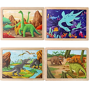 BESTAMTOY Wooden Dinosaur Puzzles for Kids Ages 3-5.4 Packs 24 PCs Jigsaw Puzzles Preschool Educational Brain Teaser Boards Toys Montessori Toys for 3 Years Old and Up
