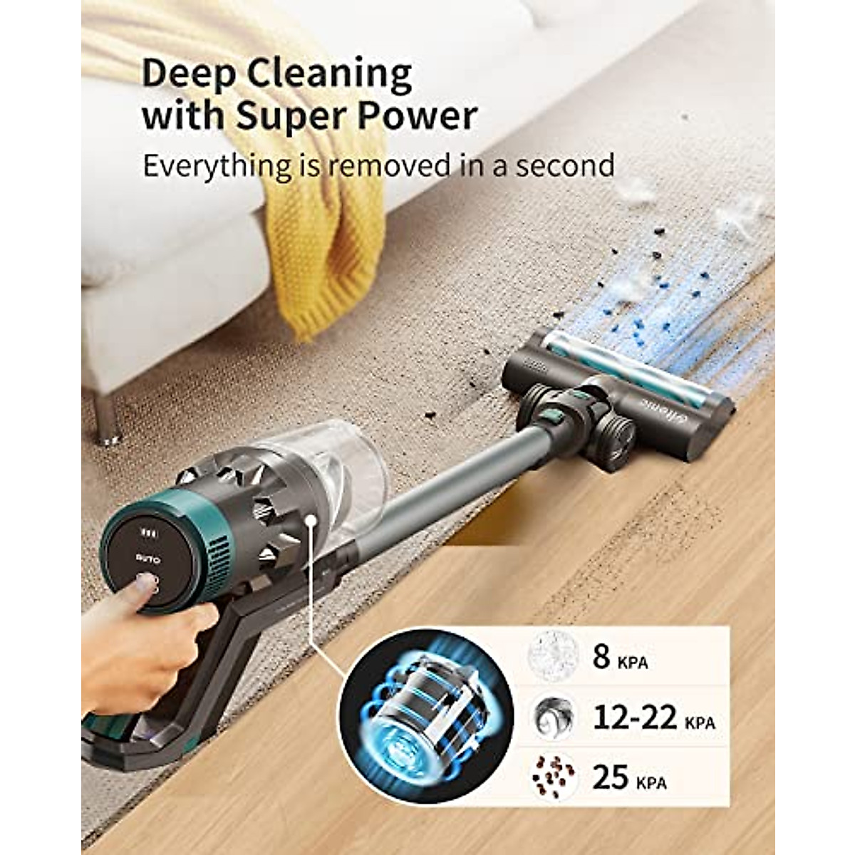 Ultenic U11 Pro Cordless Vacuum Cleaner, 25Kpa Powerful Stick Vacuum with LED Display, Rechargeable Battery, Up to 50min Runtime, Converts to Handheld Vacuum for Hard Floor, Carpet and Pet Hair
