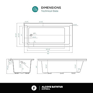 Fine Fixtures Tile-In White Soaking Bathtub, Built in tile flange Fiberglass Acrylic Material (66" x 32" x 19" Left)