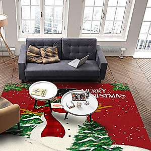 Indoor Area Rug - Welcome Mat Living Room Area Rugs Washable Non-Slip Floor Carpet for Bedroom Farmhouse Dorm (Merry Christmas Snowman Xmas Tree Red, 2'x3')