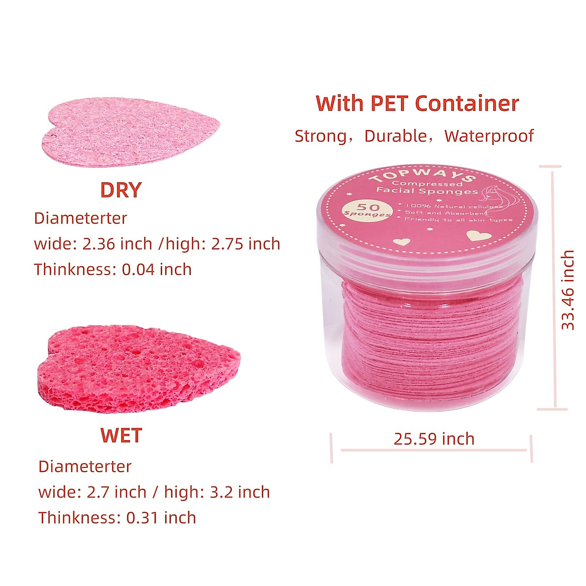 50-Count Compressed Facial Sponges Heart Shape，Reusable Natural Face Sponges Professional Cosmetic Spa Sponges for Face Cleansing, Massage, Pore Exfoliating, Mask, Makeup Removal (Heart, Pink)
