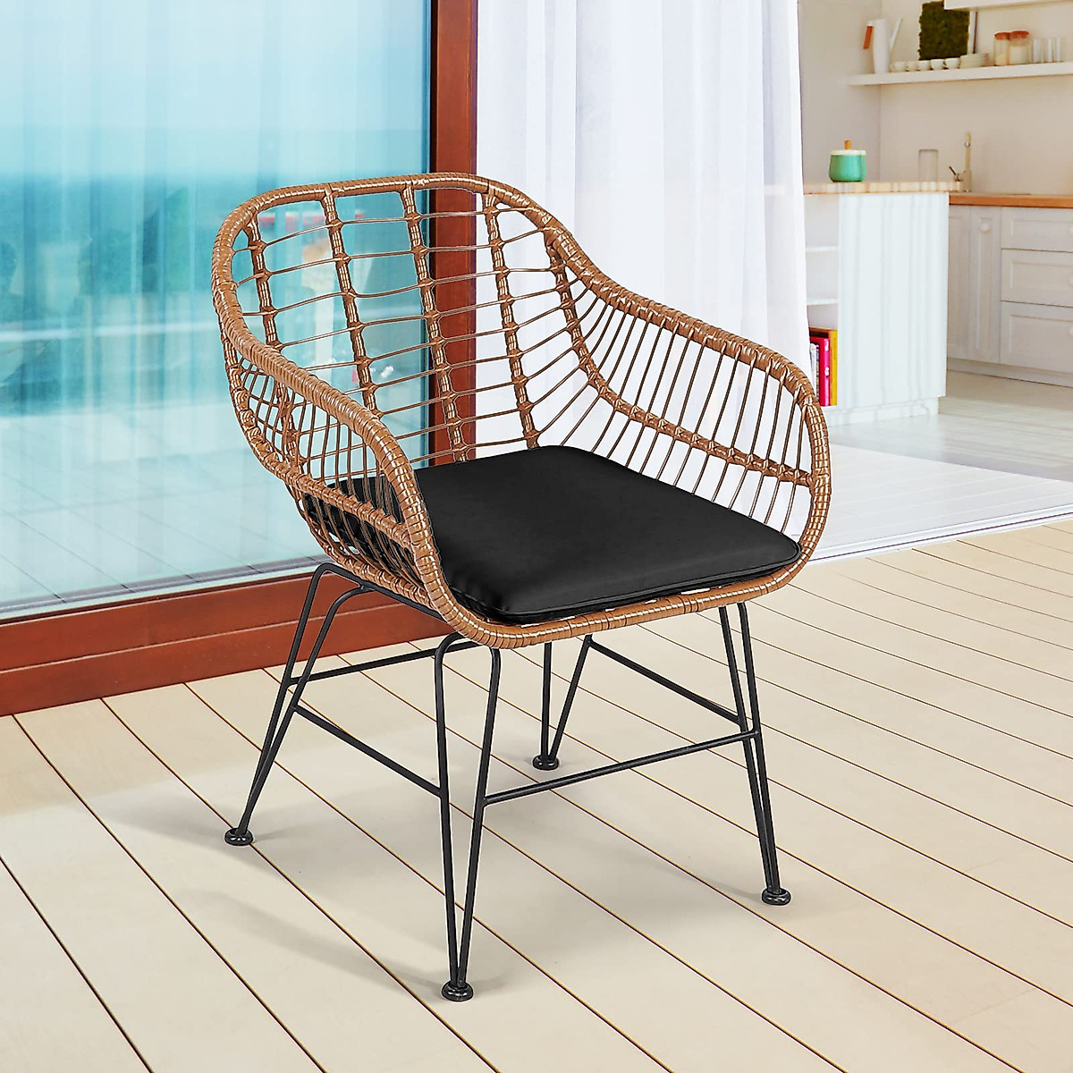 KOTEK 3 Pieces Patio Bistro Set, Outdoor Wicker Furniture Set with Glass Top Coffee Table & Seat Cushions, PE Rattan Conversation Set for Porch, Garden, Backyard, Poolside (Black)