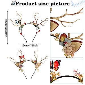 2 Pcs Deer Antler Flower Crown Headbands Tree Branches Butterfly Headband Antlers Headband Cosplay Headdress Hair Accessories for Halloween Chritmas Wedding Party Woodland Fairy Costume