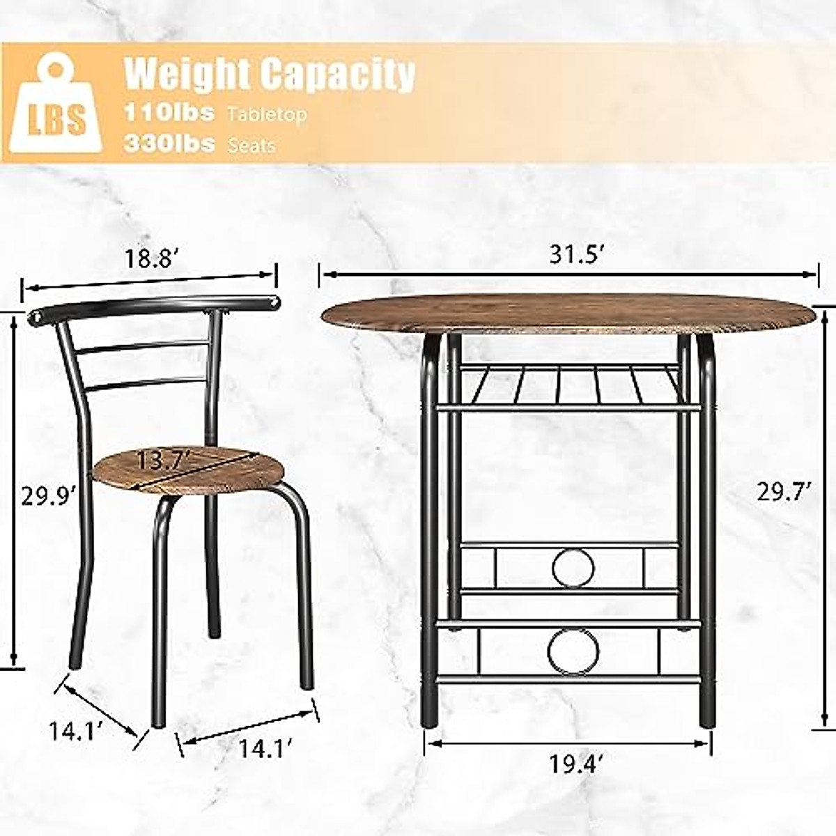 JUMMICO 3-Piece Wooden Round Table & Chair Set, Space Saving Kitchen Breakfast Nook Wood Grain Tabletop with Metal Frame and Built-in Wine Rack for Kitchen, Dining Room (Brown/Black)