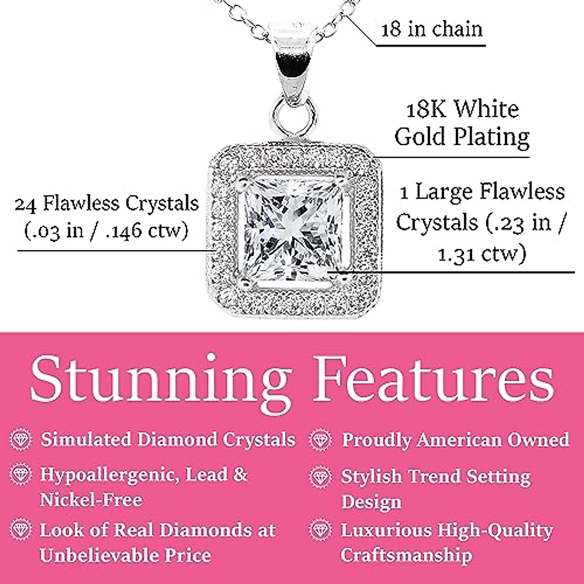Cate & Chloe Ivy 18k White Gold Plated Princess Cut Halo Pendant Necklace - Silver Halo Necklace w/Solitaire Square Cut Cubic Zirconia Diamond - Wedding Anniversary