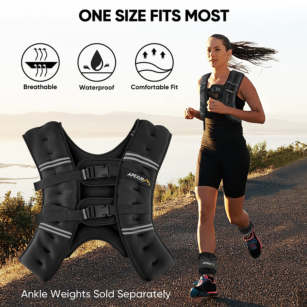 APEXUP Weighted Vest with 5lbs/10lbs/15lbs/20lbs/25lbs/30lbs Weights and Reflective Stripe, Weight Vest Men Women for Workout, Strength Training, Running (Black, 15lbs)