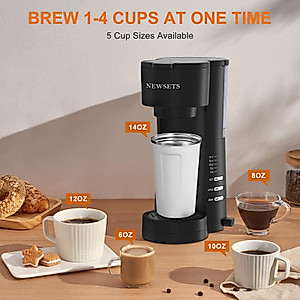 NEWSETS Single Serve Coffee Maker for K Cups and Ground Coffee, 4 in 1 Coffee Machine with Grinder and Milk Frother, 6 to 14oz Brew Sizes, 28oz Removable Water Reservoir, Self-cleaning Function, Black