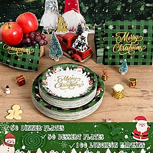Homlouue 200 PCS Christmas Paper Plates and Napkins, Merry Christmas Disposable Dinnerware Set, Green and Black Plaid Paper Plates Christmas Party Supplies, Cute Cartoon Santa Snowman Plates Serves 50