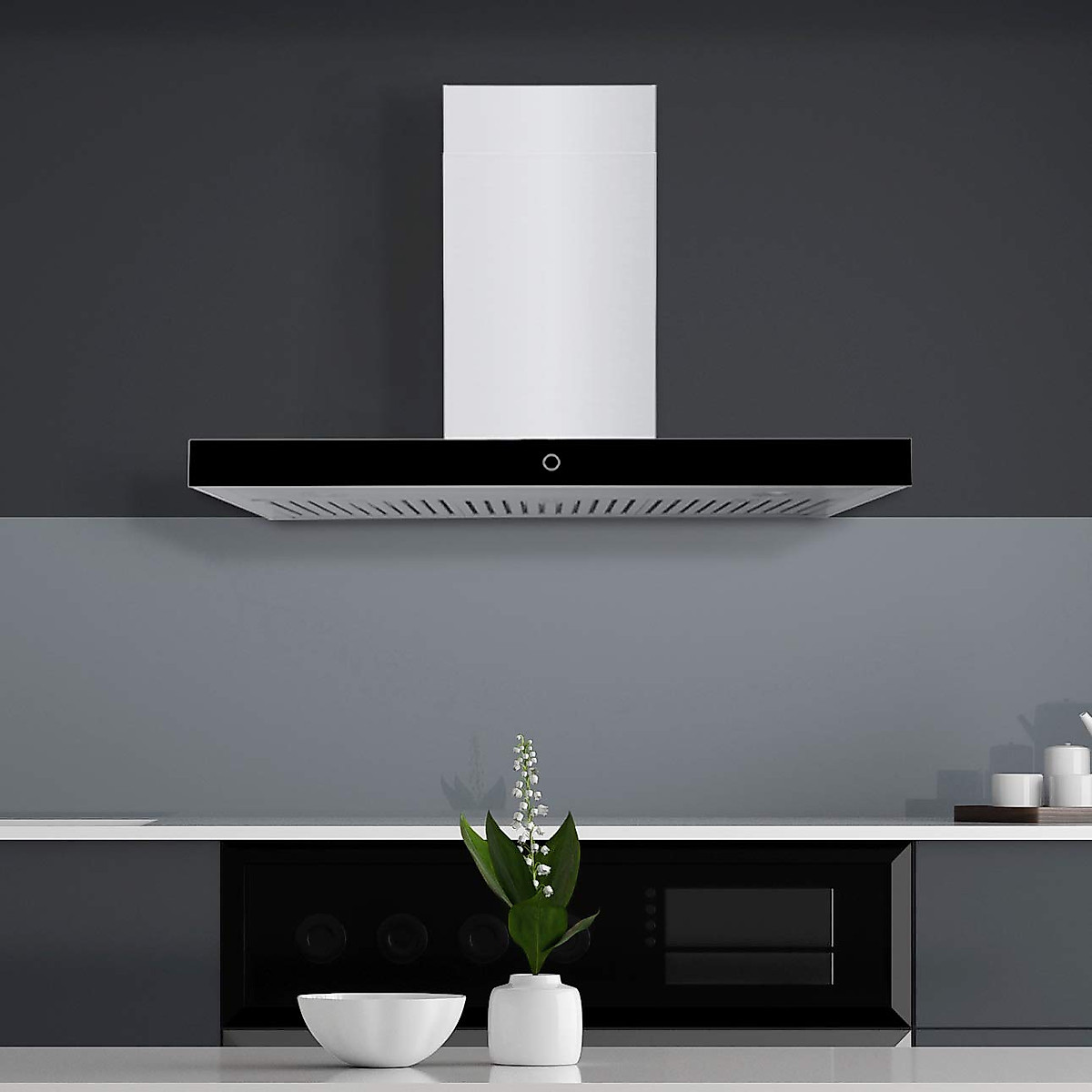 Hauslane Wall Mounted Range Hood 36 Inch WM-739, Powerful Suction, Wall Mount Kitchen Vent, Stainless Steel, Black Glass Panel, 3 Speed Touch Control, Baffle Filter Vented or Ventless 6" Duct
