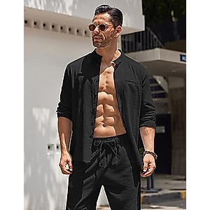 COOFANDY Mens 2 Pieces Cotton Linen Set Long Sleeve Button Up Shirt and Casual Beach Pants Summer Yoga Outfits