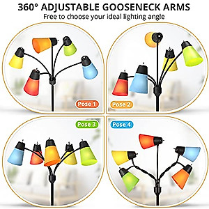 FOLKSMATE LED Floor Lamp, Medusa Multi Head Modern Tall Standing Lamps, Rustic Adjustable Gooseneck Reading Floor Light for Living Room, Bedroom, Kids Room, 5 White & 5 Colored Lamp Shades, Black