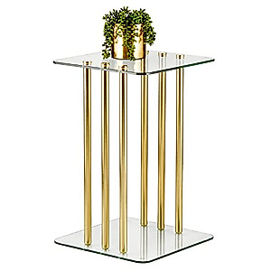 mDesign Square Glass Top Side Table - Modern Decorative Accent End Metal Nightstand Furniture for Bedroom, Living Room, Home Office, Dorm Room - 25" Tall - Milan Collection - Clear/Brass