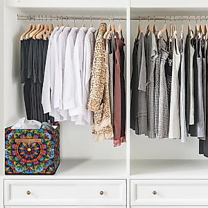 Mandala Floral Storage Basket Collapsible Fabric Storage Box 13x13x13 Inches Square Cube Storage Bins with Handles for Home Living Room Closet Shelf Office Bedroom