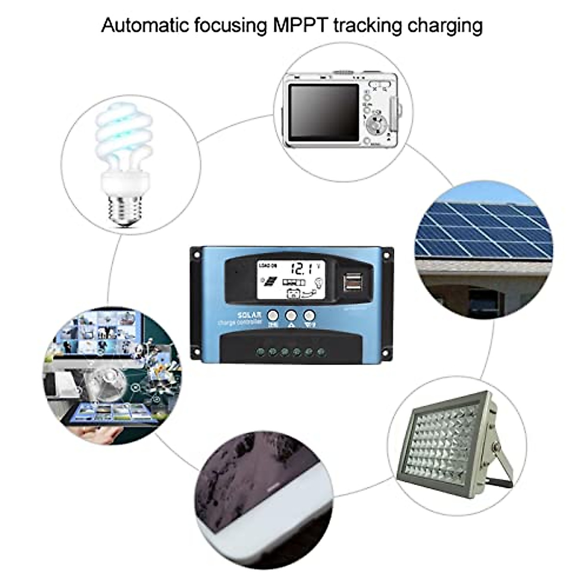 Solar Charge Controller, MPPT Solar Charge Controller 12v/24v Current Auto Focus MPPT Tracking Charge with LCD Display Dual USB Solar Regulator Charge Controller Multiple Load Control Modes (100A)