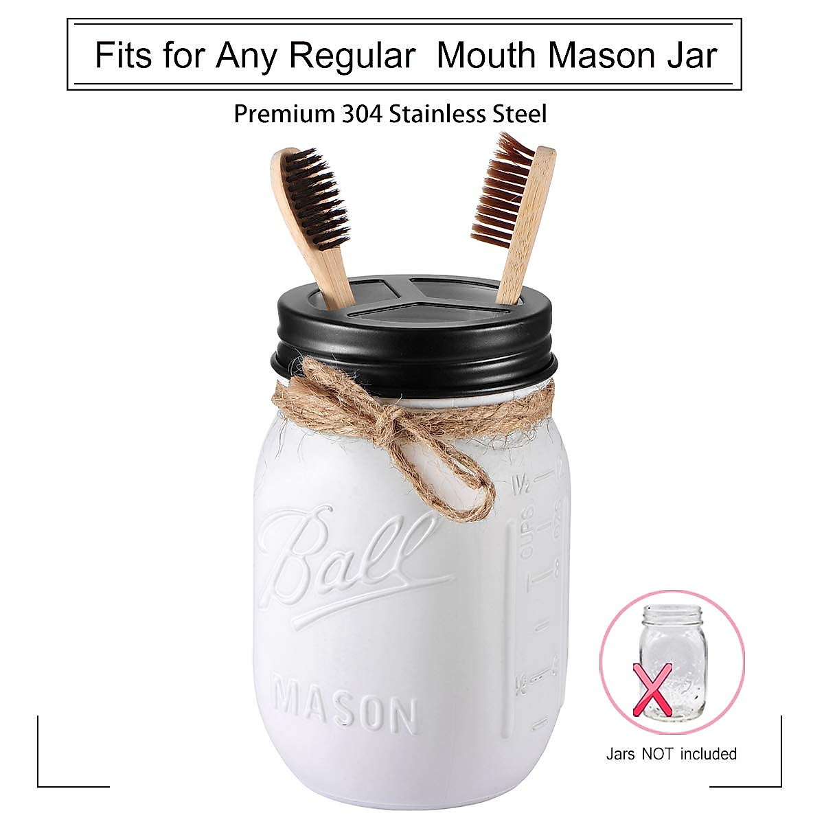 Komashr Mason Jar Bathroom Accessories Lids Set(4pcs) - Jars Not Included - Soap Dispenser,Toothbrush Holder, Apothecary Jars Lids for Regular Mouth Mason Jars - Rustproof Stainless Steel，Black