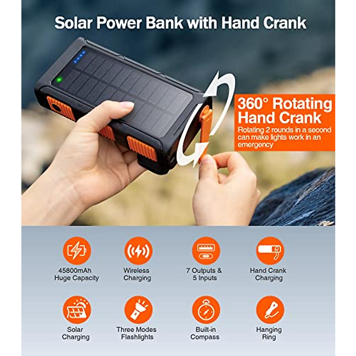 GOODaaa Power Bank Wireless Charger 45800mAh Built in Hand Crank and 4 Cables 15W Fast Charging Power Bank 7 Outputs & 4 Inputs Solar Portable Charger, SOS/Strobe/Strong Flashlights, Compass (Orange)