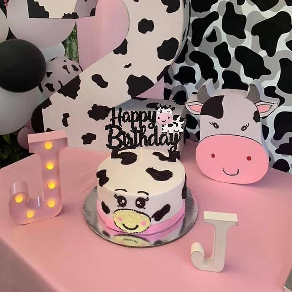 1 PCS Cow Happy Birthday Cake Topper Glitter Farm Animals Birthday Cow Cake Pick Decorations for Cow Theme Baby Shower Kids Boys Girls 1st Birthday Party Cake Decorations Supplies