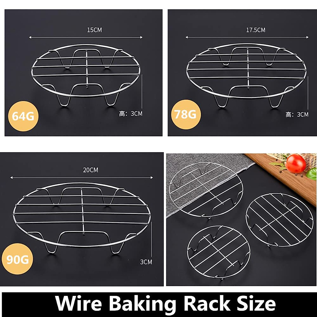 3 Pack Round Cooling Steaming Cake Rack, Stainless Steel Circular Wire Baking Rack for Air Fryer, Stockpot, Pressure Cooker (6/7/8 Inch)