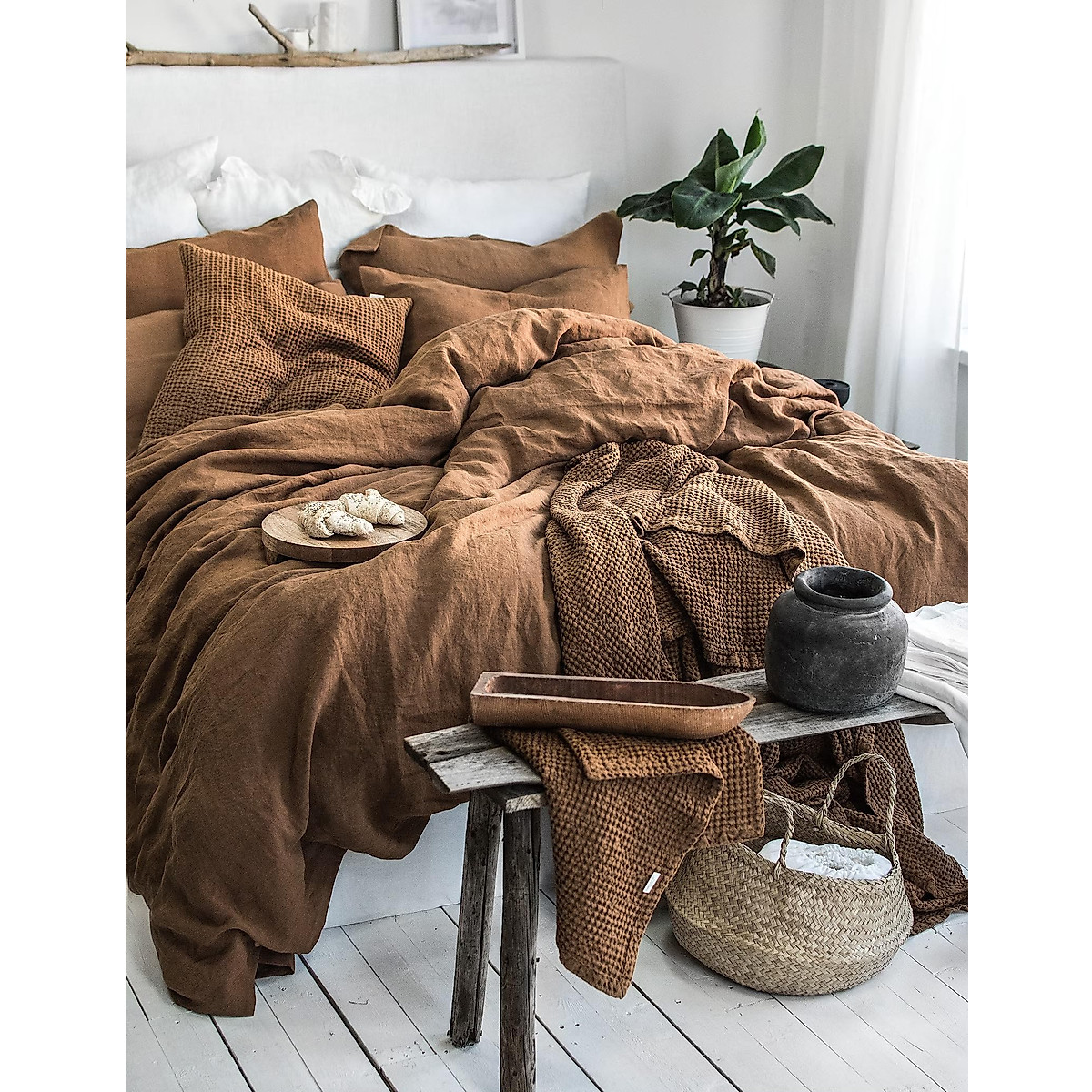 Linen Bedding Set in Tobacco, Duvet Cover and 2 Pillowcases Set, King, Queen, Twin, Full, Double, Single Size, Tobacco Brown Linen Bedding (King-90X104)