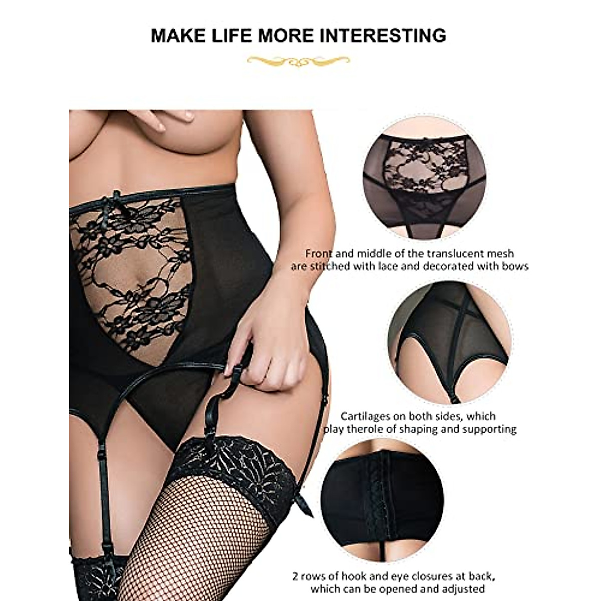 comeondear Women Plus Size Garter Belt High Waisted Lace Suspender Belt with 6 Metal Clips for Thigh High Stockings