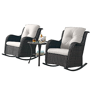 Rilyson Patio Chairs Outdoor Rocking Chair - 3 Piece Wicker Patio Bistro Set Rattan Patio Furniture Rocker Chairs and Side Table for Porch Deck Backyard Garden(Brown/Beige)
