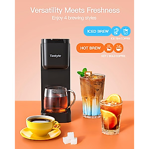 Tastyle Coffee and Tea Maker, 3 in 1 Single Serve Brewer for K Cup, Grounds & Tea, Hot and Iced Coffee Maker with 4 Brew Styles and 16oz Water Reservoir, Fits 7.3'' Travel Mugs, Black