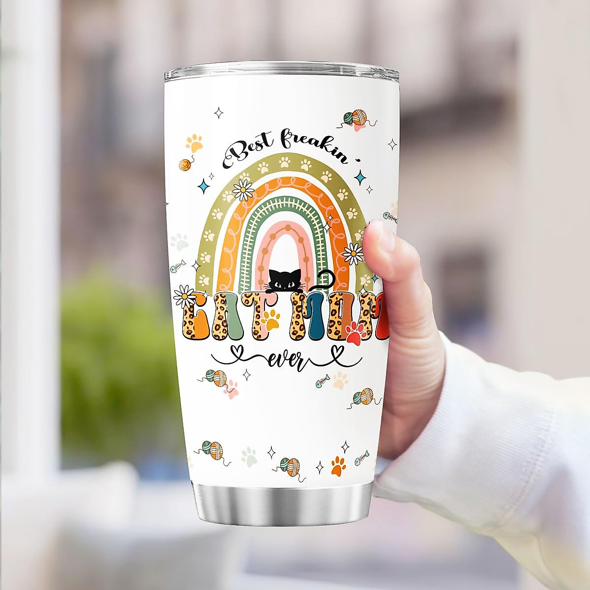 JENOIS Cat Mom Nutrition Facts, Tumbler 20 Oz With Lid And Straw, Tumblers For Funny Mama Cups Best Day Coffee Mother Ever Women Mothers Handle Insulated, Mom Gifts