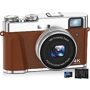 NEZINI 4K Digital Camera,Auto Focus 48MP Vlogging Camera for YouTube and Anti-Shake Video Camera with Viewfinder Flash & Dial,16X Zoom Travel Portable Camera with 32GB Card,2 Batteries