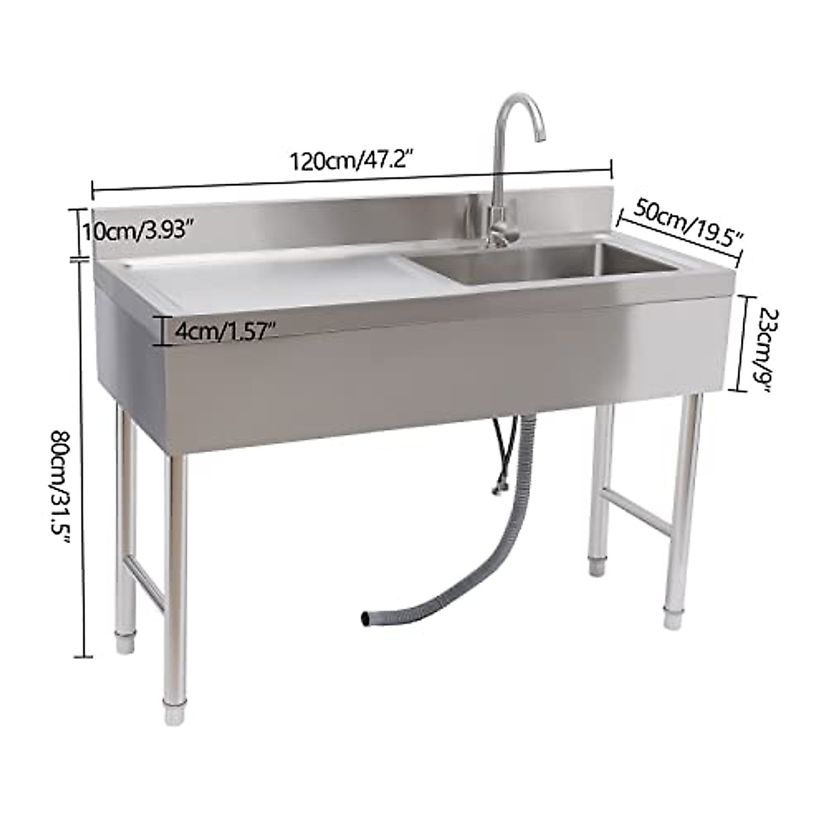 Commercial Sink, Free Standing Stainless Steel Single Bowl Restaurant Kitchen Sink Set w/Faucet & Drainboard, Prep Utility Washing Hand Basin w/Workbench Storage Shelves Indoor Outdoor