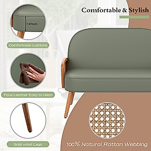 Aklaus 45" W Faux Leather Small loveseat with Natural Rattan Arms,Upholstered Modern Mini Sofa Couch Love Seat Settee Bench with Back for Living Room Bedroom Office Small Space Entryway Green