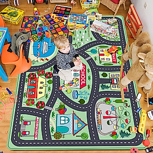 LTKOUGFAM kids Playmat Car Rug, Kids Play Rugs Town City Road Map Rug, Large Educational Kids Car Mat, Boys Kids Car Track Play Rug, Kids Rugs for Playroom Bedroom Living Room (Style 2, 78.7X 59 INCH)