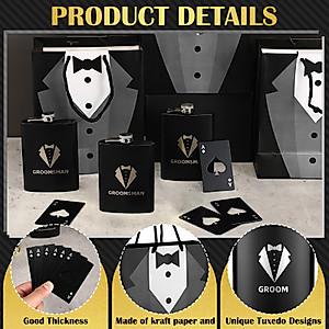 32 Pcs Groomsmen Gifts Set 8 Groomsmen Gift Proposal Bags 8 oz Stainless Steel Tuxedo Hip Flask 8 Groomsmen Gauge Glasses with 8 Poker Card Beer Bottle Opener Cap for Wedding Bachelor Party Favors