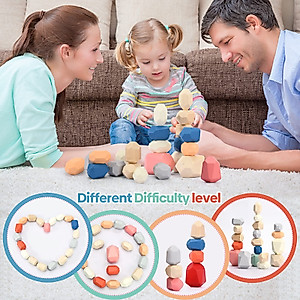 Oucles 36PCS Natural Wooden Stacking Balancing Stones Rocks for Toddlers Colorful Kids Preschool Learning Building Blocks Toys Educational Puzzle Game for Girls Boys 3 Years Up