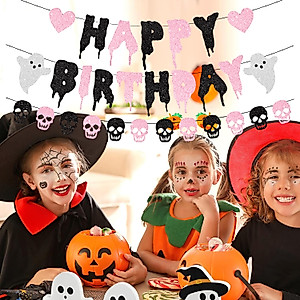 Black Glitter Halloween Birthday Banner Black and Pink Heart Skull Garland Halloween Happy Birthday Decorations for Halloween Birthday Party Decorations Theme Baby Shower Supplies