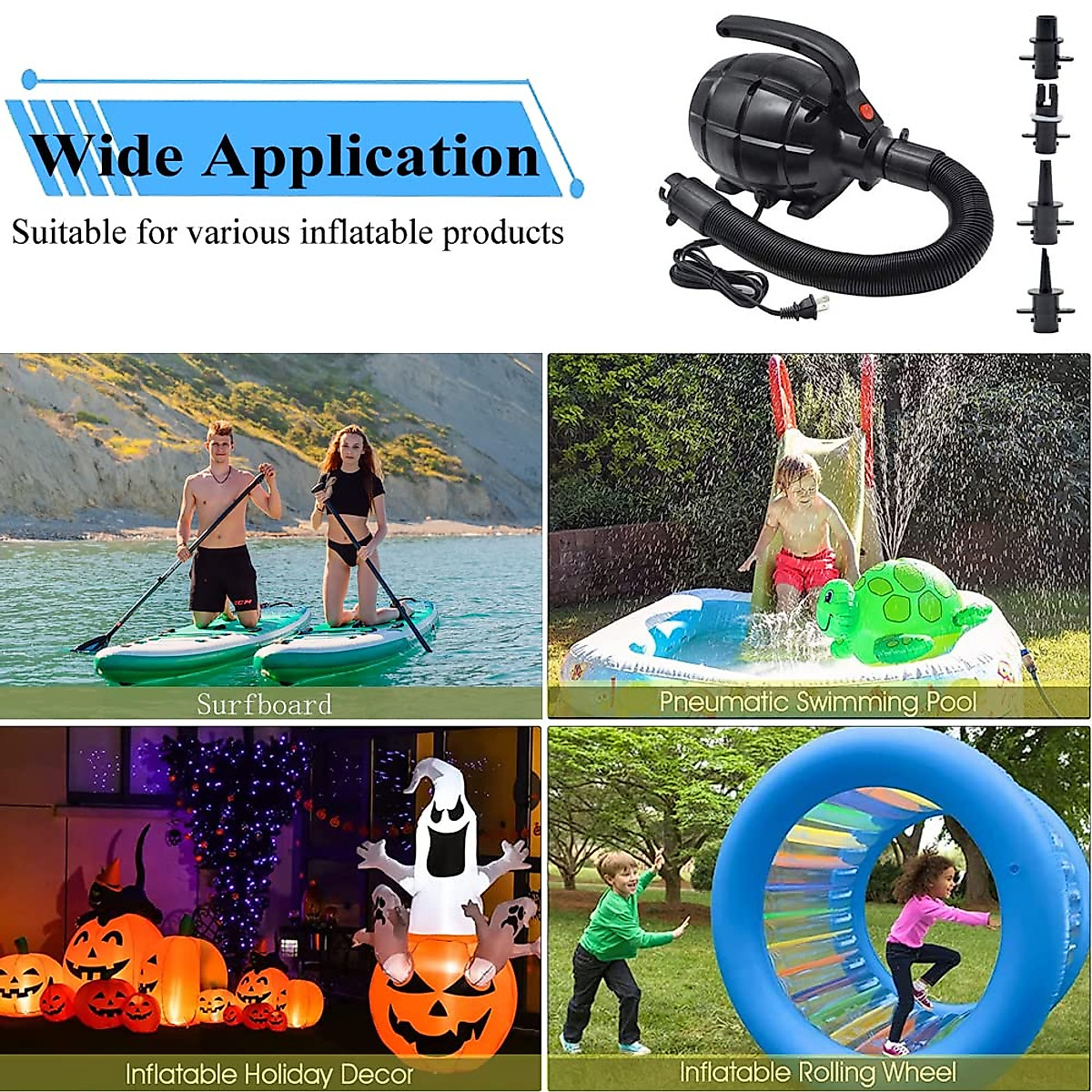 Electric Air Pump for Inflatable Air Tumble Track Gymnastics Mat, Air Roller Barrel, Swimming Ring, Air Bed, Pool Toy, Inflatables Raft Boat Electric Pump with 4 Nozzles（AC 110-120V（500W））