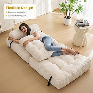 MAXYOYO Folding Sofa Bed, Convertible Sleeper Chair with Pillow Foldable Mattress with Back Support, Portable Fold Out Sofa Couch Fuzzy Fabric Comfy Floor Sofa Lounge for Living Room Apartment, Beige