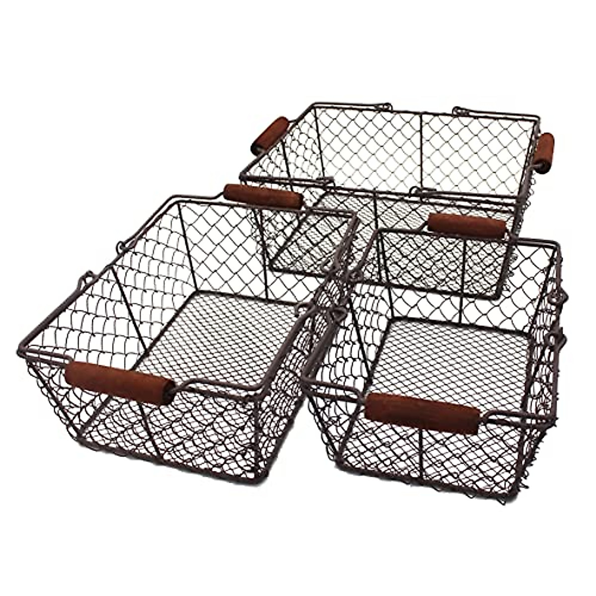CVHOMEDECO. Primitive Chicken Wire Gathering Baskets with Wood Handle Rectangular Farmhouse Storage Baskets Set, Rusty, Set of 3
