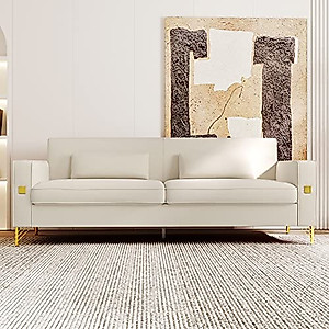 Lostcat Velvet Sofa Couch Mid Century Modern Upholstered 3-Seater Loveseat with 2 Pillows and Armrest for Living Room, Apartment and Small Space, Cream White